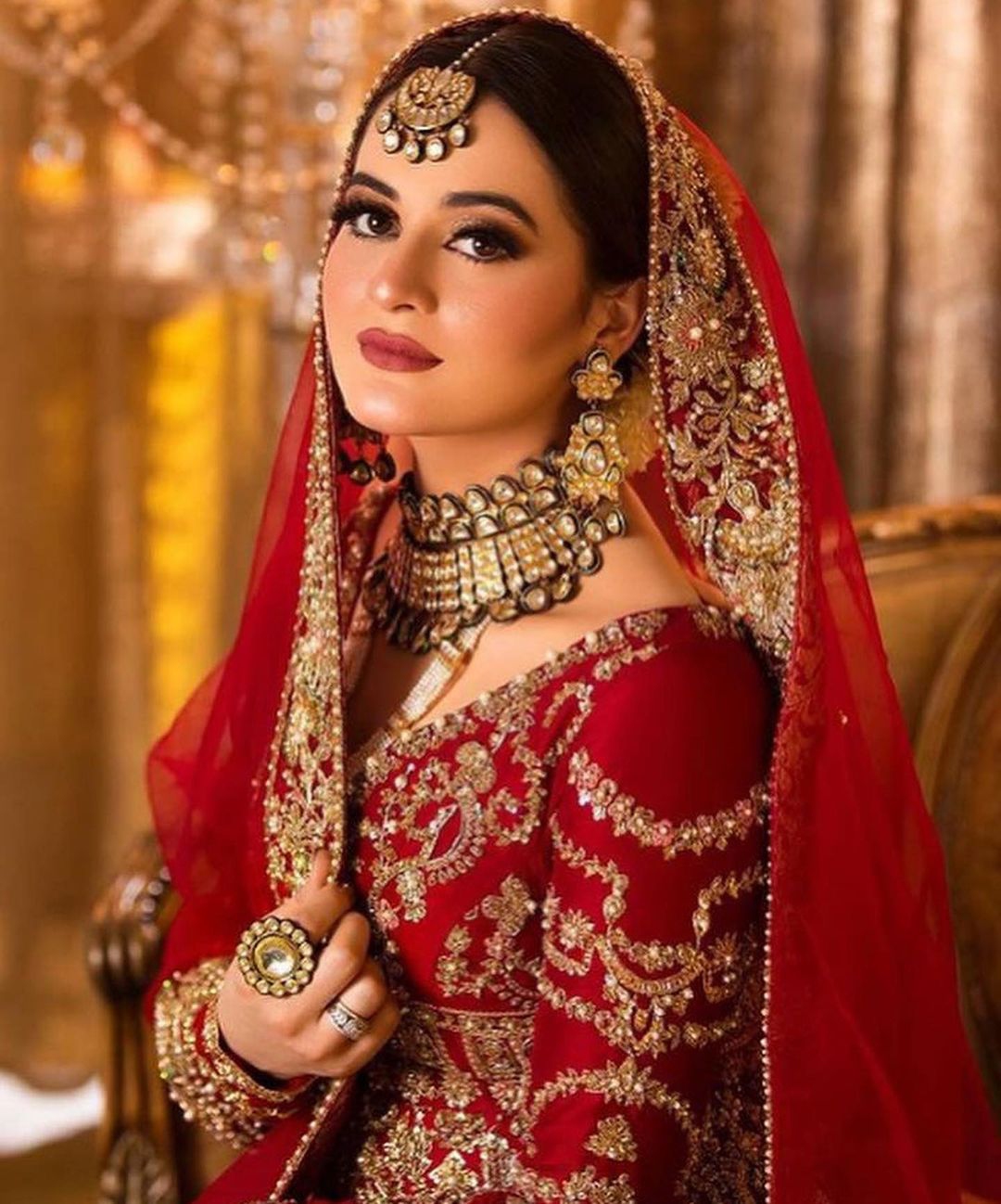 Aiman Khan Gives Traditional Vibes In Deep Red Bridal Ensemble ...