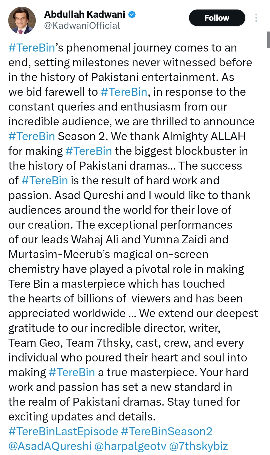 Wahaj Ali’s Message For Fans After Tere Bin Ends | Reviewit.pk