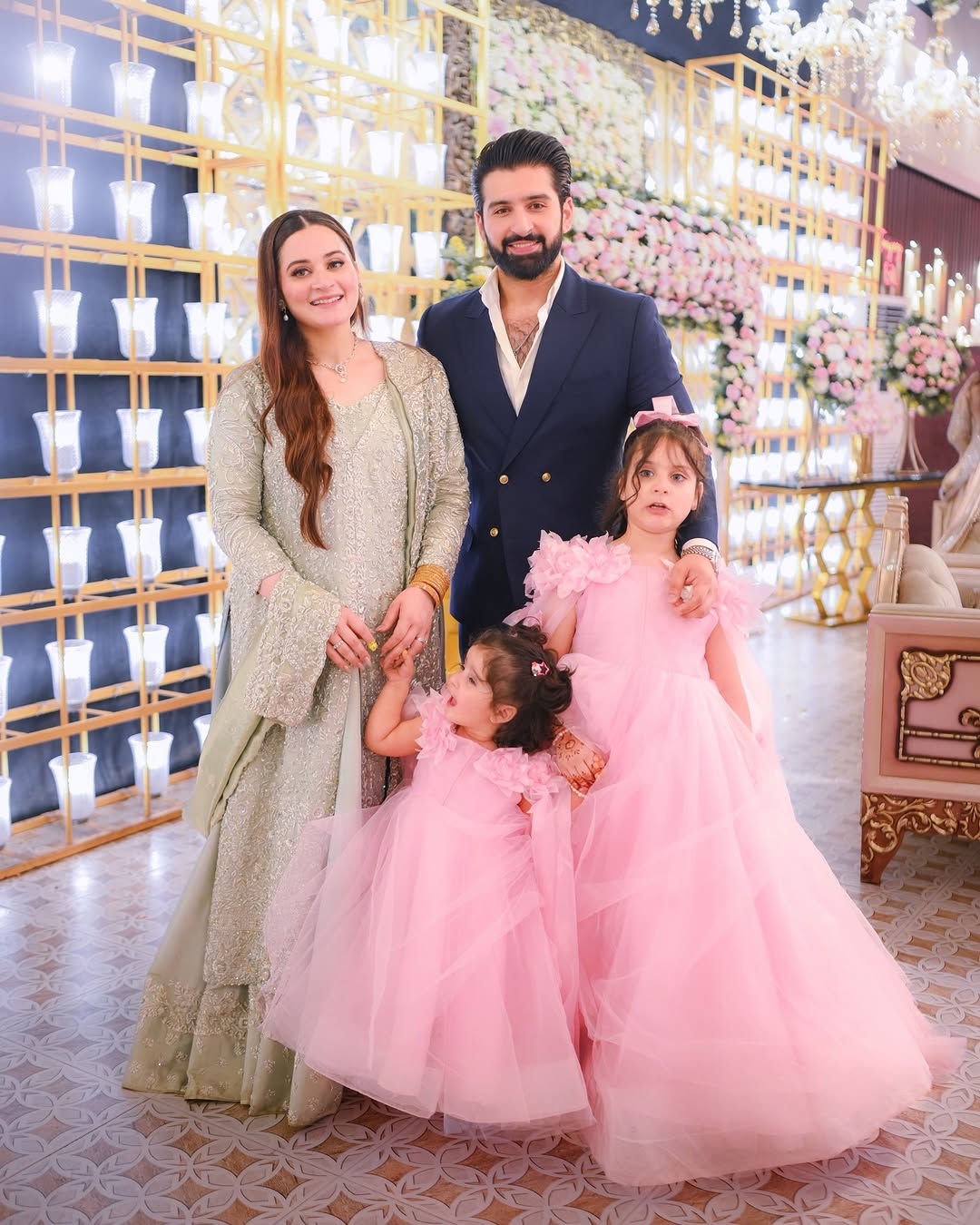 Aiman Khan & Muneeb Butt Clicks with Daughters from Maaz' Walima | Reviewit.pk